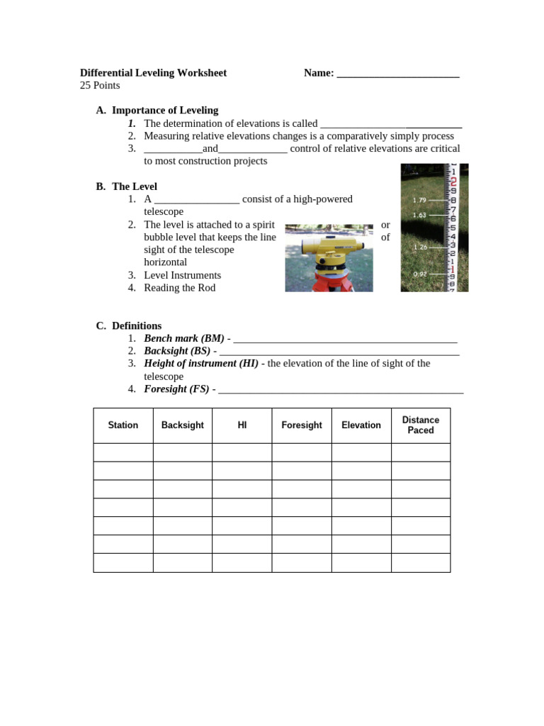 Differential Leveling Worksheet Guide | PDF | Distance | Metrology