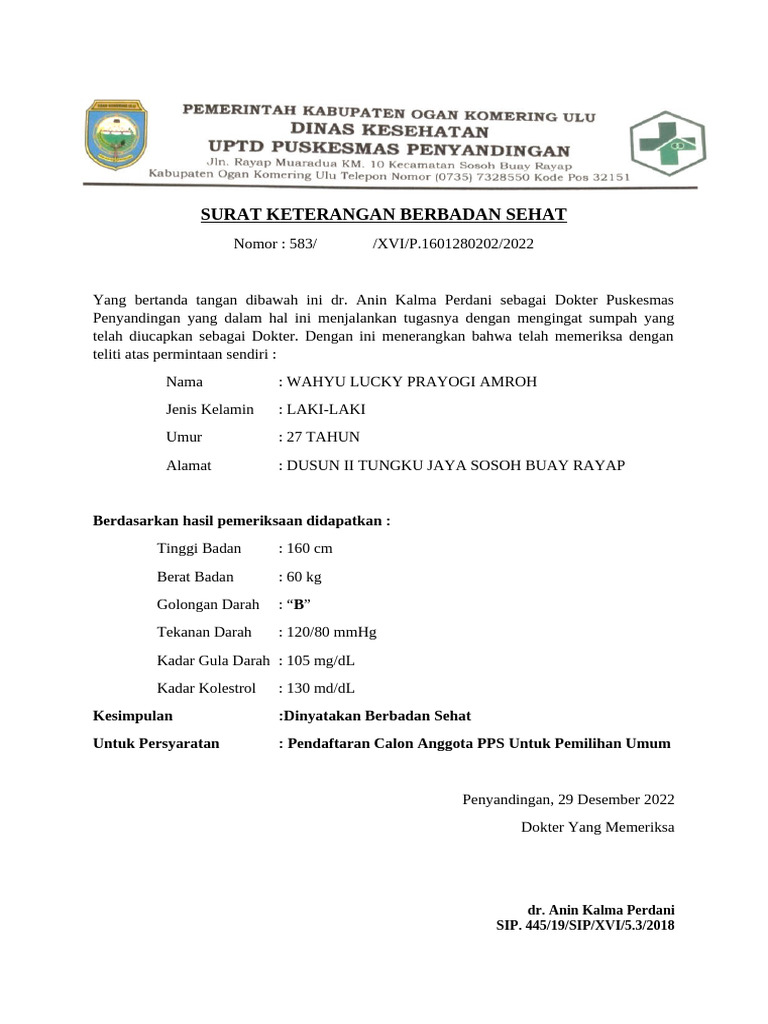 SURAT KETERANGAN BERBADAN SEHAT Wahyu | PDF | Kesehatan Holistik