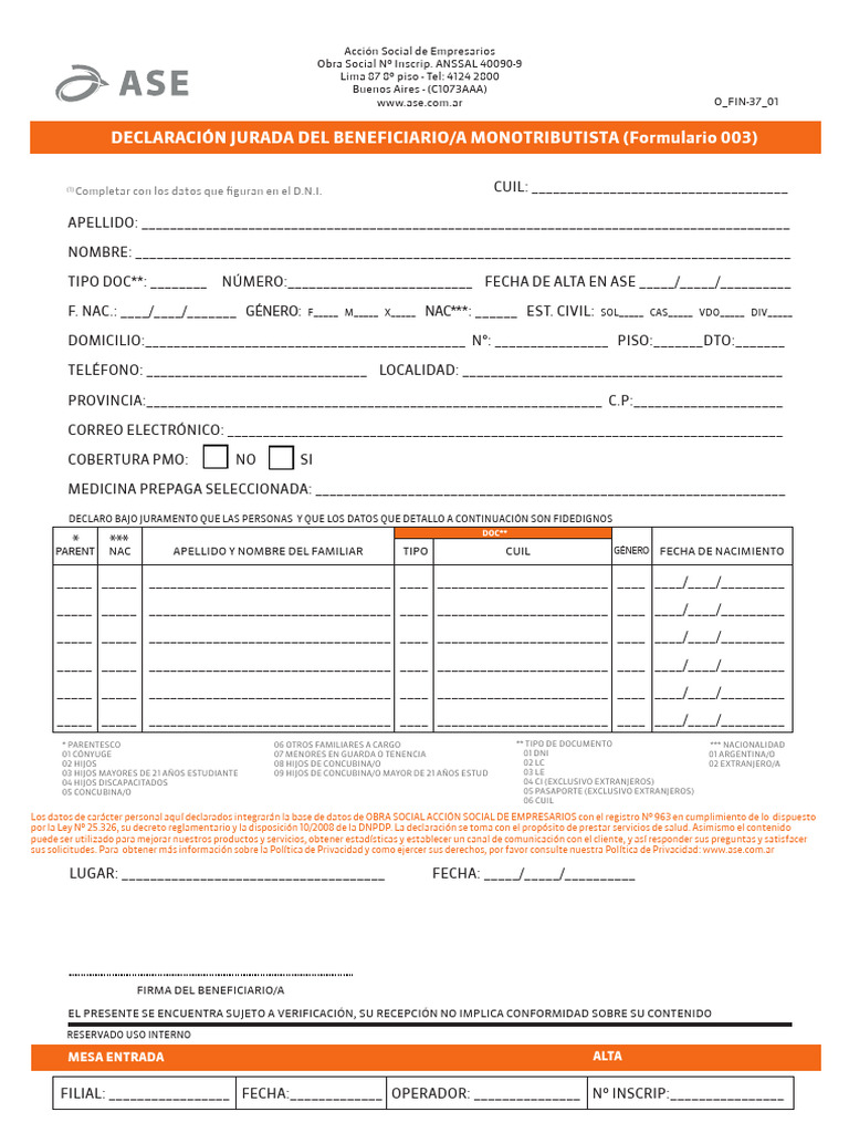 Formulario 003 ASE | PDF