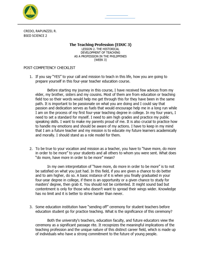 TeachingProf - Credo, Rapunzzel R. - PostCompetency2 - Lesson2 | PDF ...