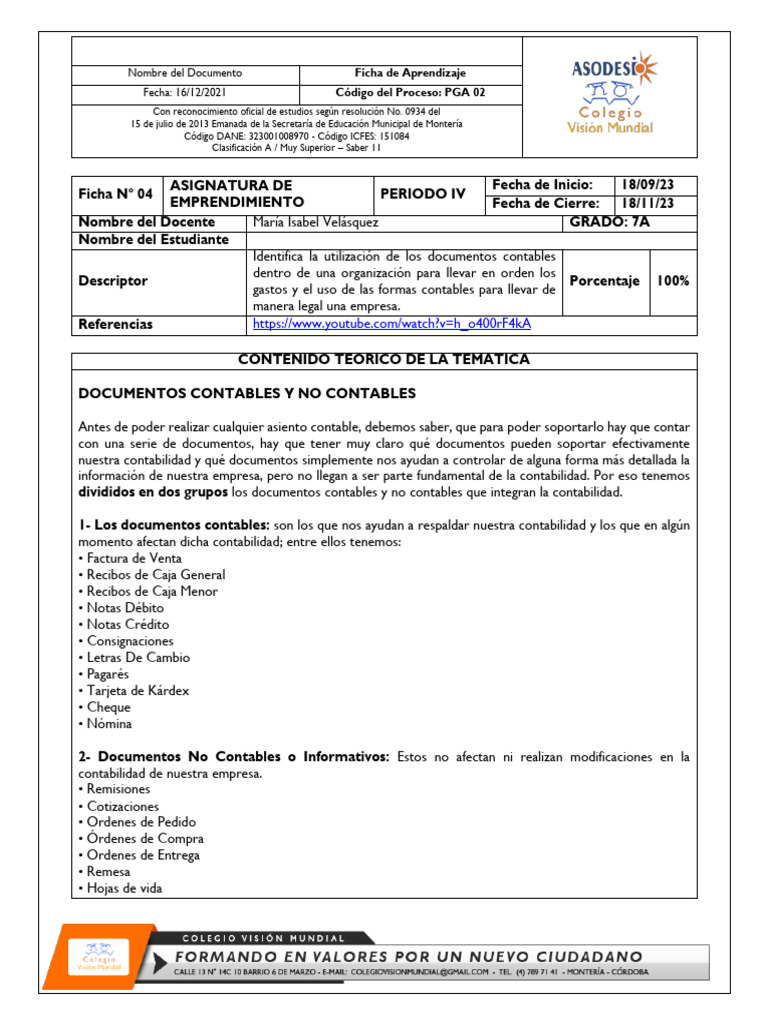 Emprendimiento Grado 7ºA Ficha 04 | PDF | Pagaré | Cheque