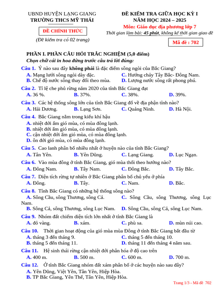 Đề - GD ĐP 7 - M.702 | PDF