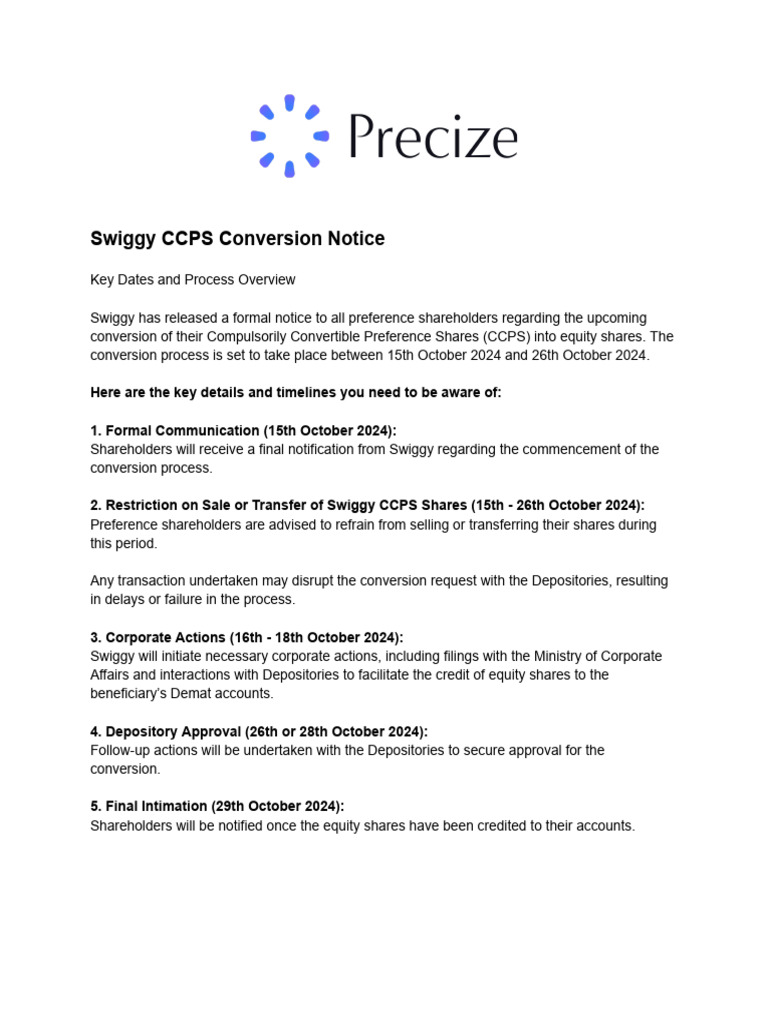 Swiggy CCPS Conversion Notice | PDF | Business | Finance & Money Management