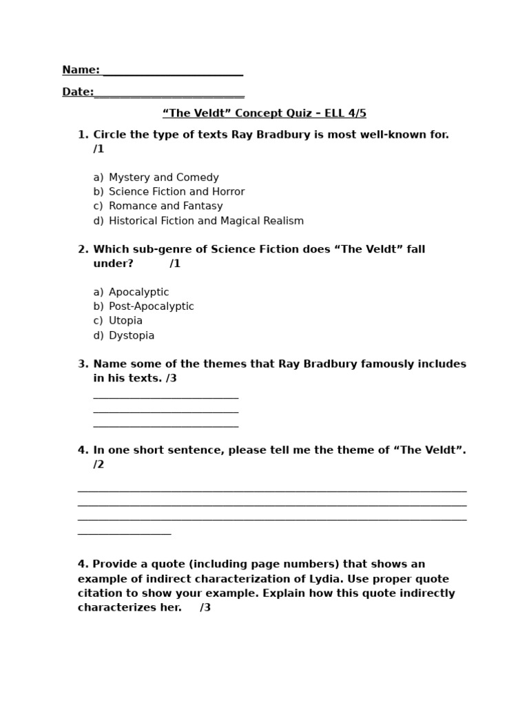 The Veldt Concept Quiz | PDF | General Fiction