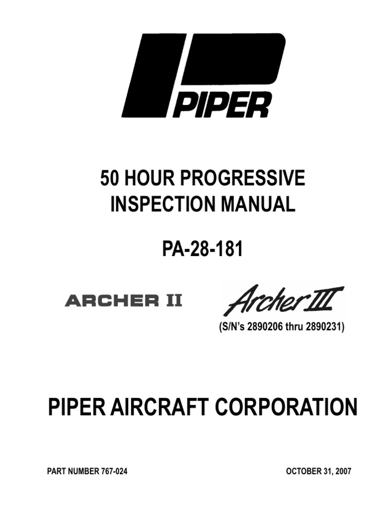 50 Hour Progressive Inspection Manual PA-28-181: Piper Aircraft ...