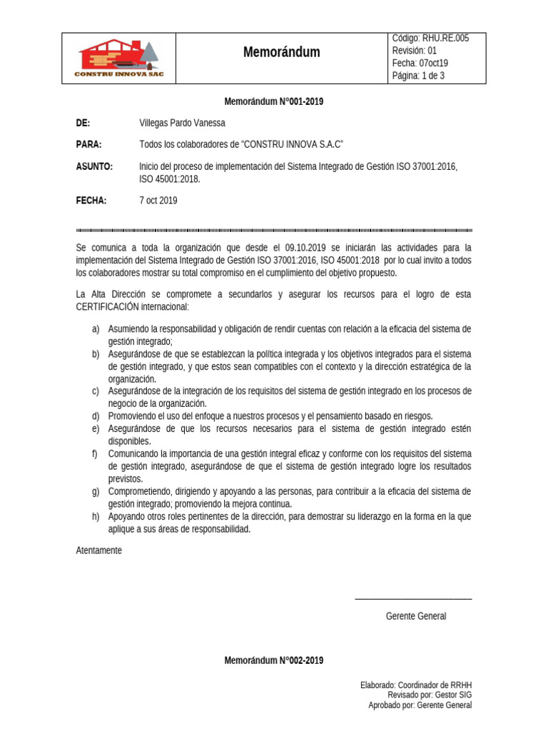 RHU - DOC.005 Memorandum de Comunicación | PDF | Business