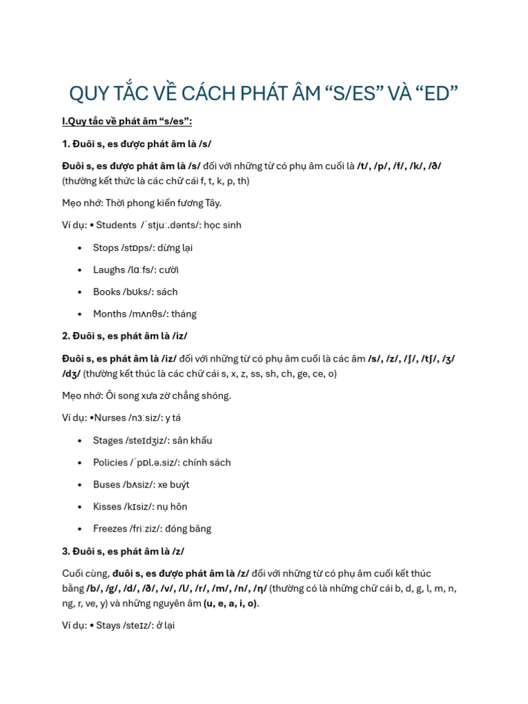 QUY TẮC VỀ CÁCH PHÁT ÂM S/ES/ED | PDF
