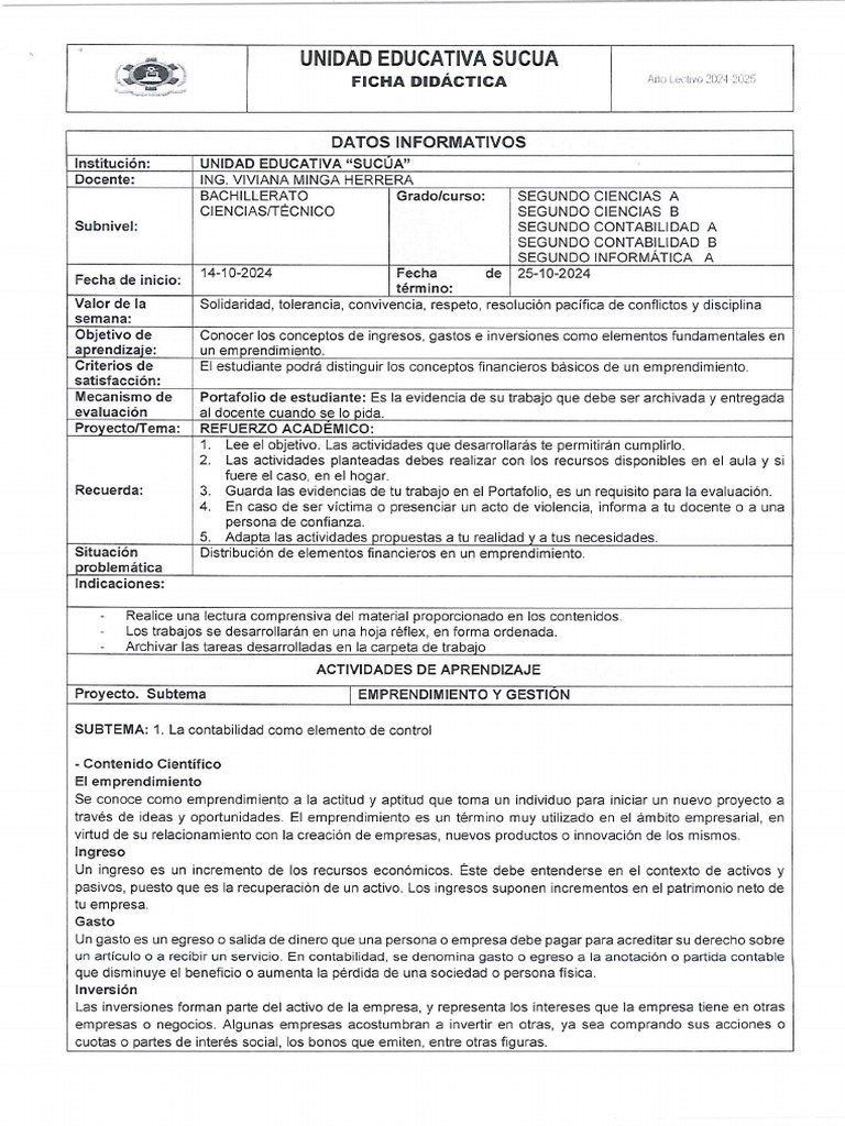 Ficha Emprendimiento VM 2do Bachillerato | PDF