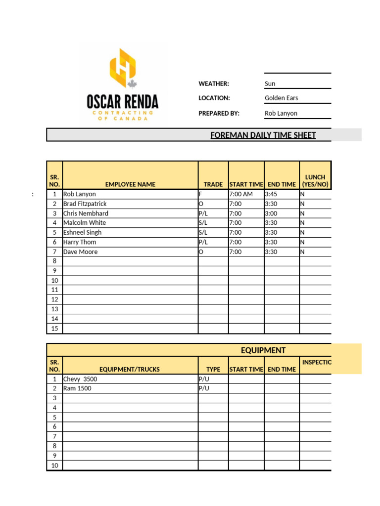 Time Sheet - Foreman Initial - DD-MM-YY | PDF