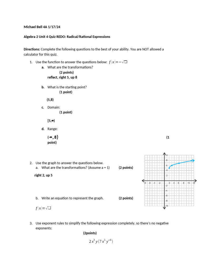 Algebra 2 Unit 4 Quiz #3 REDO | PDF | Exponentiation | Mathematics