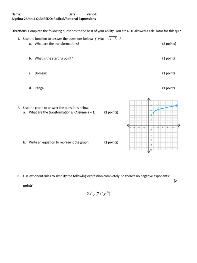 Algebra 2 Unit 4 Quiz #3 REDO | PDF | Exponentiation | Mathematical ...