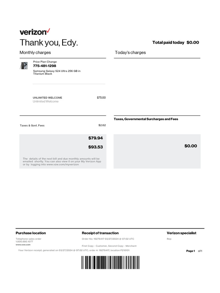 Verizon Receipt for Samsung Galaxy S24 | PDF