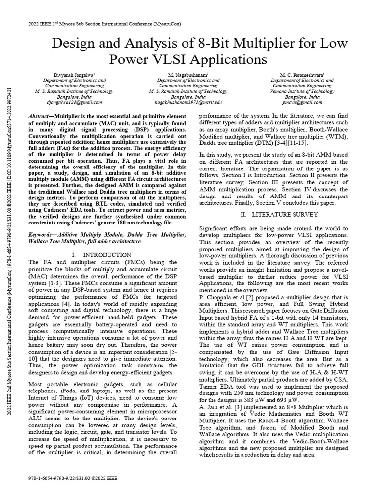 Design and Analysis of 8-Bit Multiplier For Low Power VLSI Applications | PDF | Computer ...