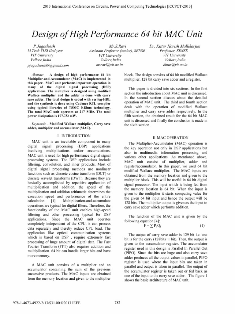 Design Of High Performance 64 Bit Mac Unit Pdf Digital Signal Processing Computer Science 