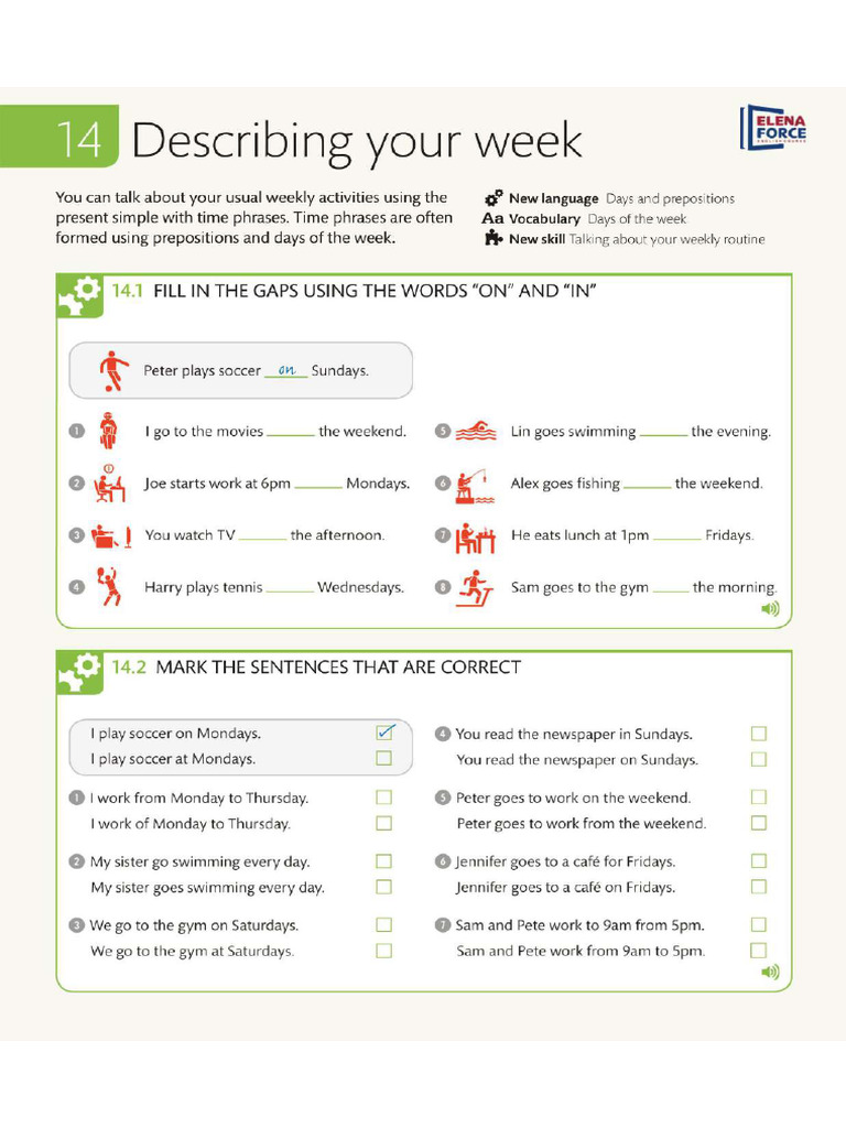 14) B. Level 1 Beginner - Describing Your Week | PDF