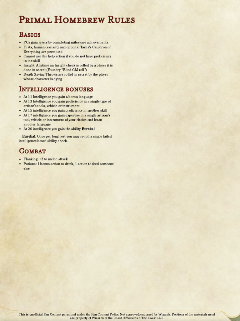 Primal Homebrew Rules - GM Binder | PDF