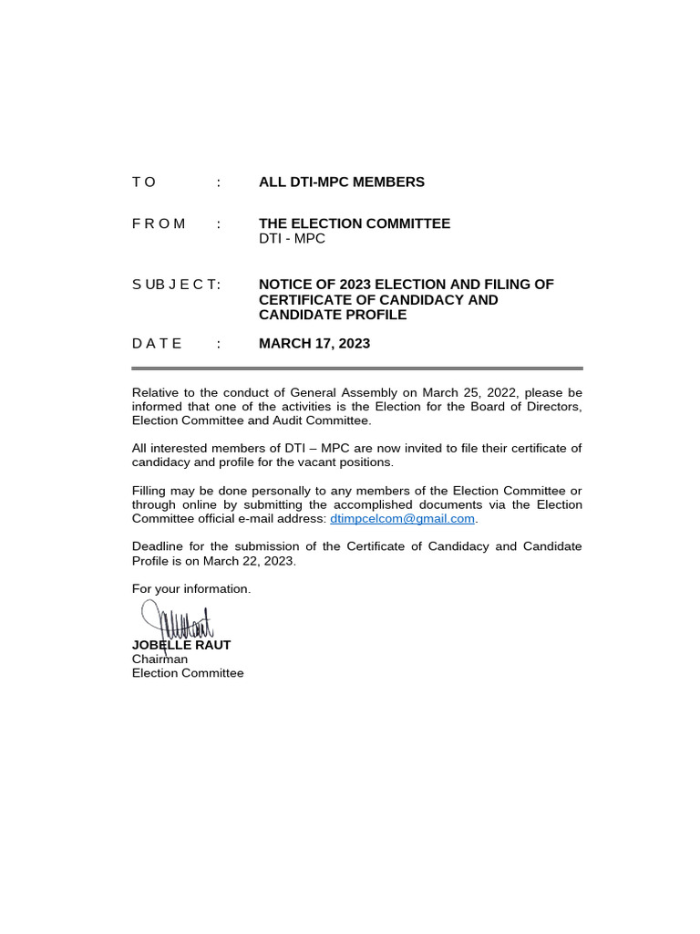MEMO - Notice of Election and Filing of Candidacy | PDF