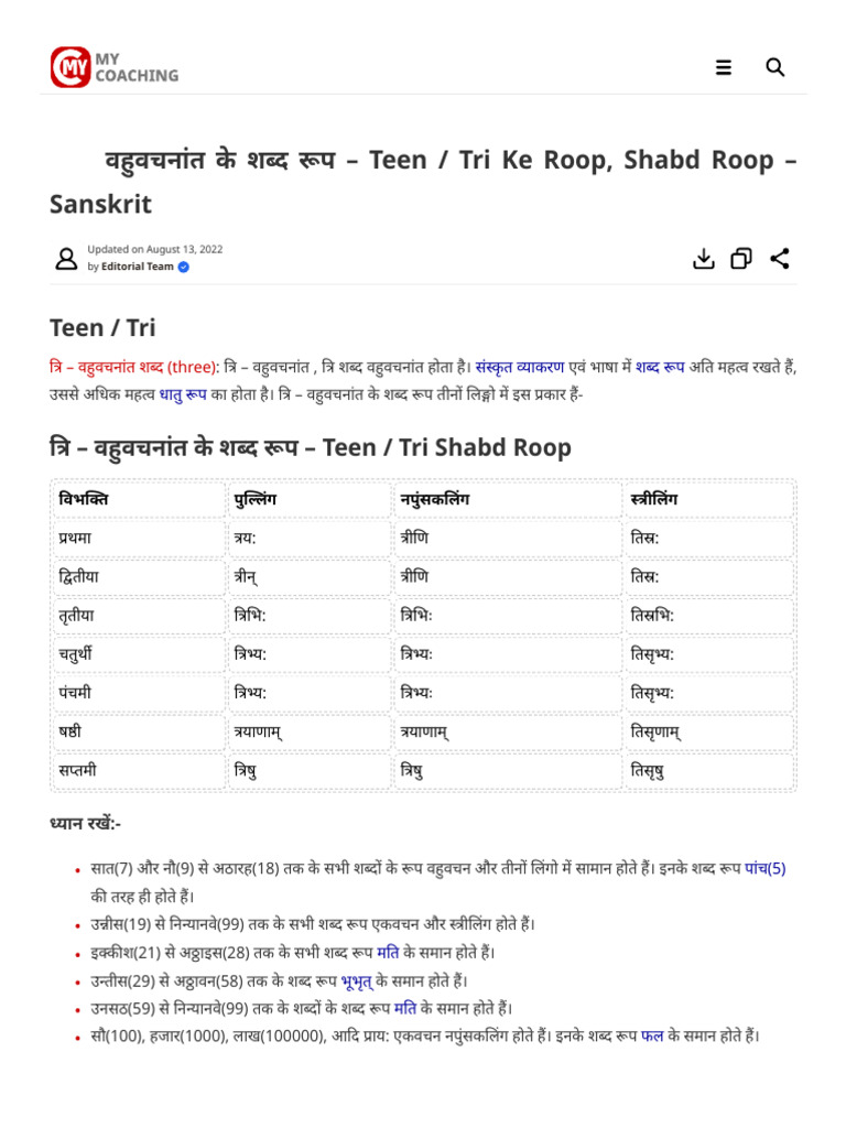 त्रि - वहुवचनांत के शब्द रूप - Teen - Tri Ke Roop, Shabd Roop ...