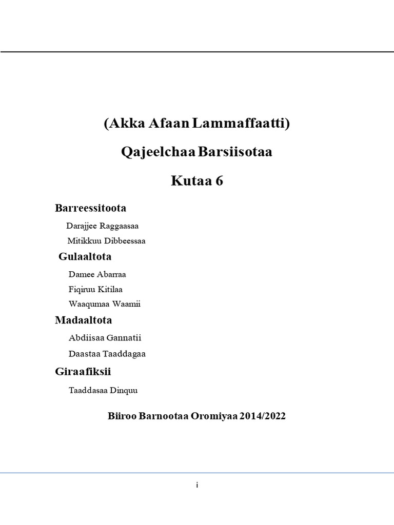Afaan Oromoo: (Akka Afaan Lammaffaatti) Qajeelchaa Barsiisotaa Kutaa 6 | PDF