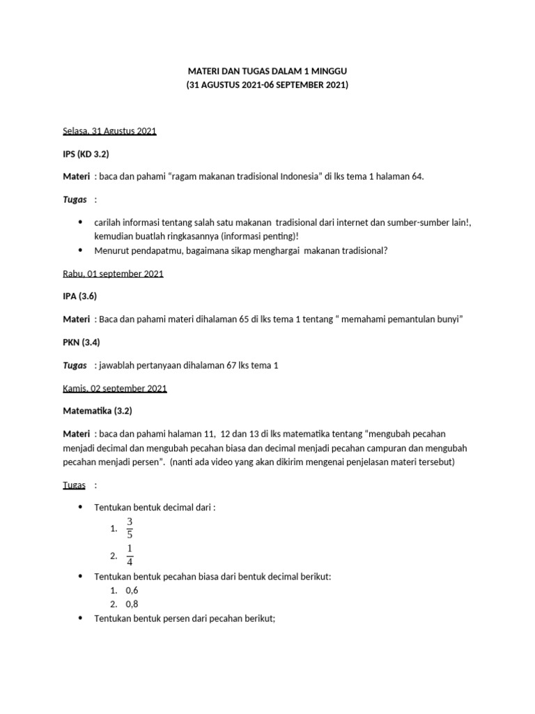 Materi Dan Tugas Dalam 1 Minggu | PDF | Game & Aktivitas | Metode & Bahan Ajar