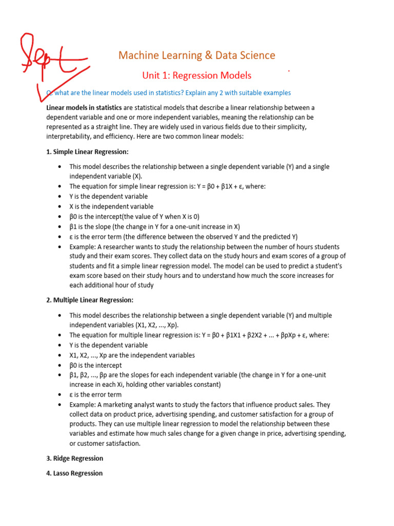 ML & DS Unit 1-2 Insem Pyq | PDF | Linear Regression | Regression Analysis