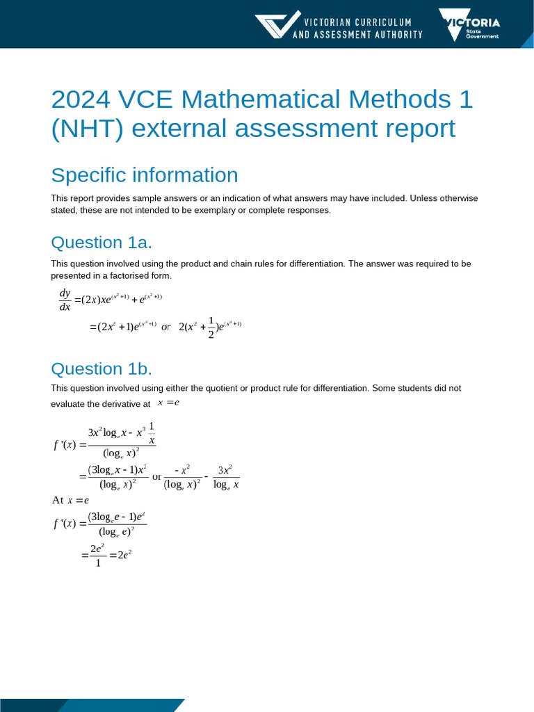 2024 VCE Methods Exam Assessment Report | PDF | Derivative | Tangent