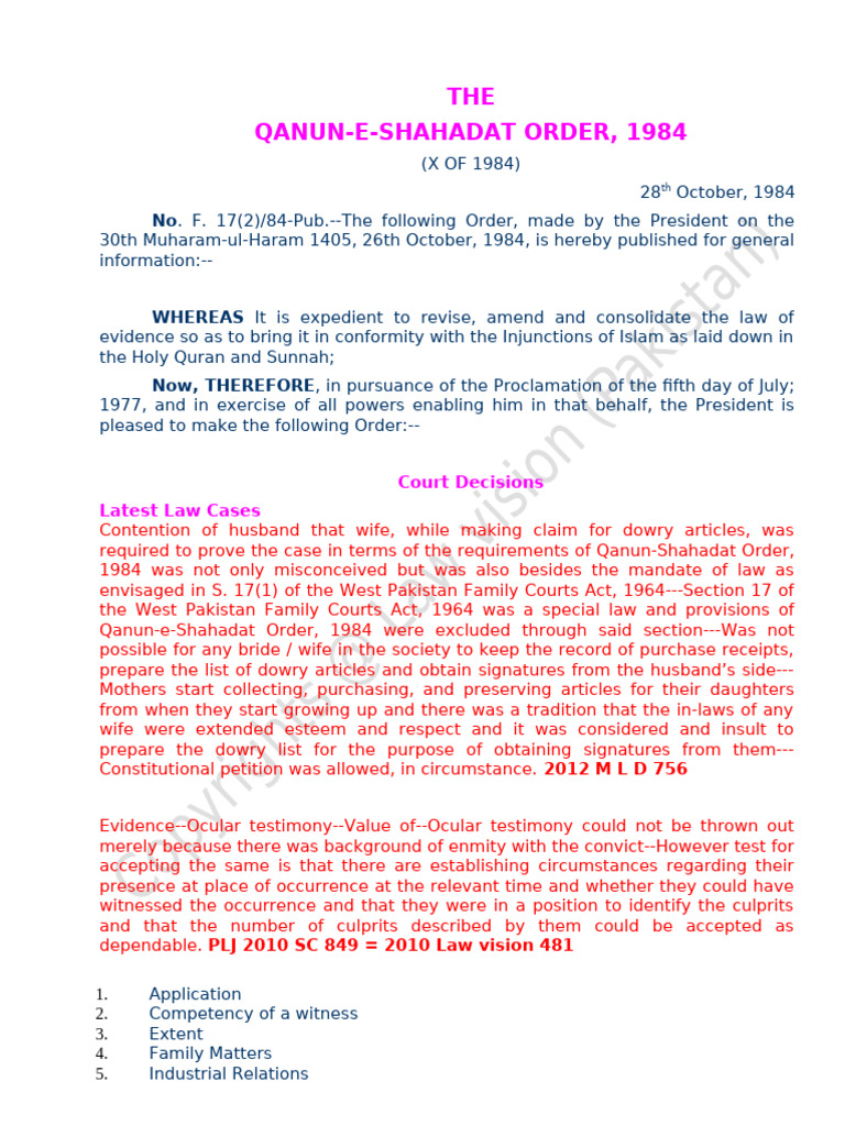 Qanun-e-Shahadat Order 1984 Overview | PDF | Evidence (Law) | Affidavit