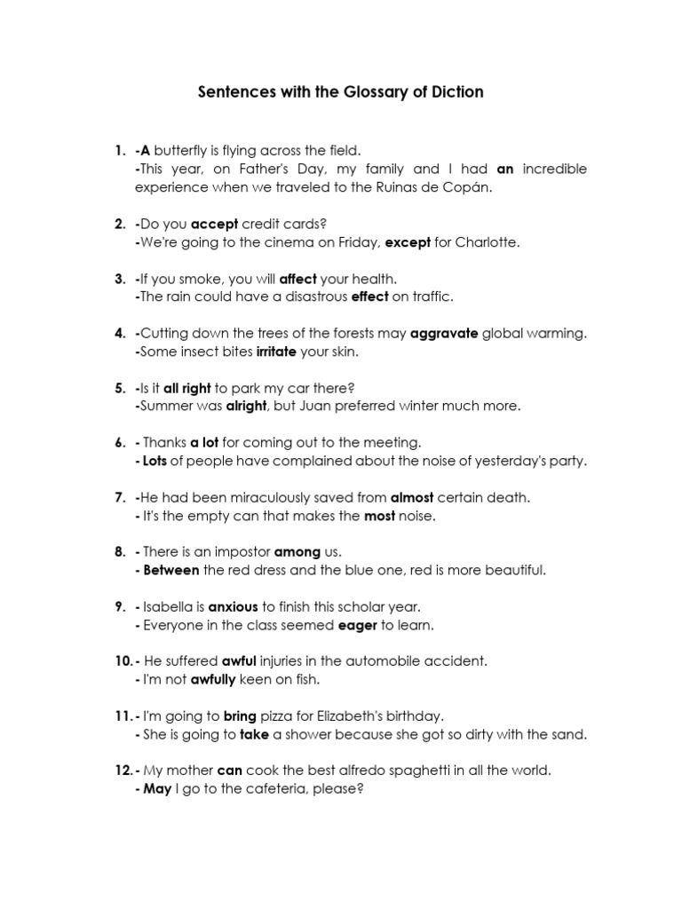 Sentences with the Glossary of Diction Luna Reyes | PDF