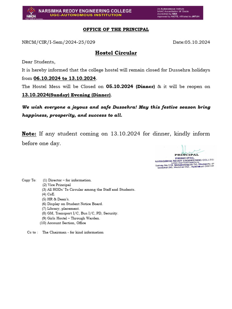 Hostel Circular For Students Regarding Dussehra Holidays | PDF | Travel