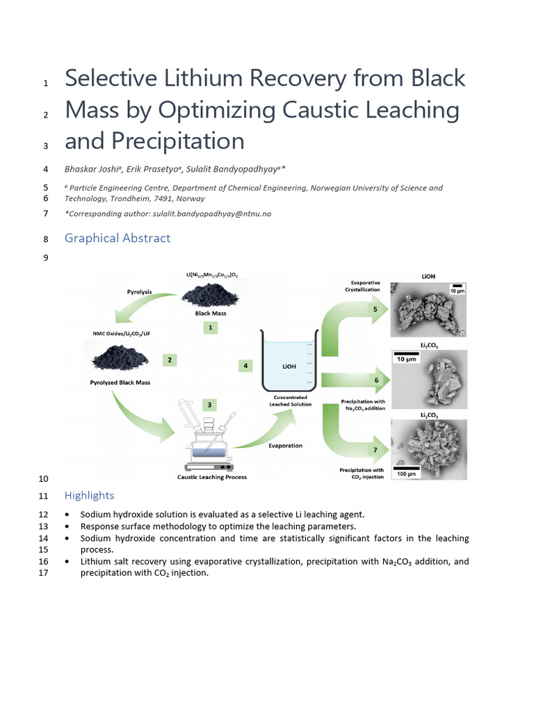 Selective Lithium Recovery From Black Mass by Optimizing Caustic ...