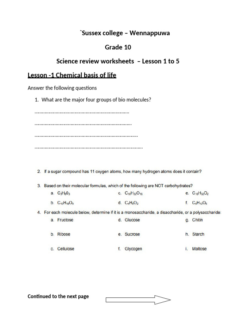 Science Review Worksheets For Grade 10 | PDF