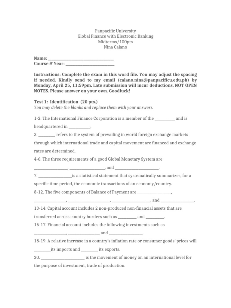 Global Finance Midterm Exam Guide | PDF | Global Financial System | Monetary Policy