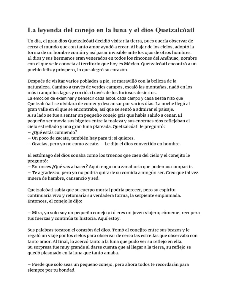 La Leyenda Del Conejo en La Luna y El Dios Quetzalcóatl | PDF | Poesía ...