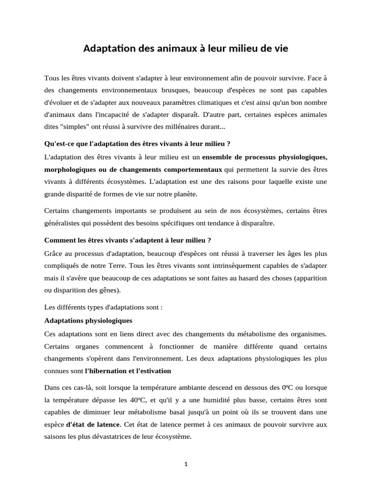 Adaptation des animaux à leur milieu | PDF | Branchie | Système ...
