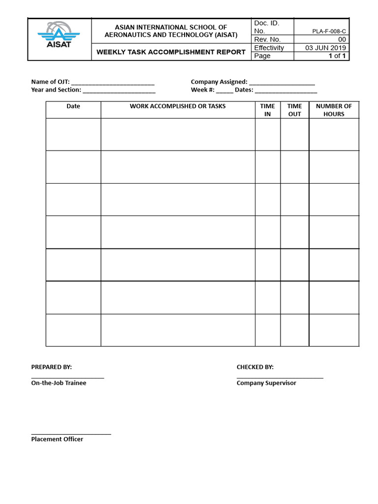 Pla-F-008-C - Weekly Task Accomplishment Report | PDF