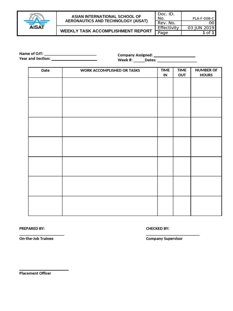Pla-F-008-C - Weekly Task Accomplishment Report | PDF