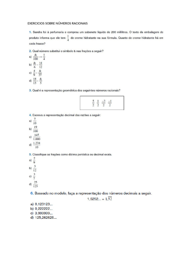 Exercicios Sobre Numeros Racionais | PDF