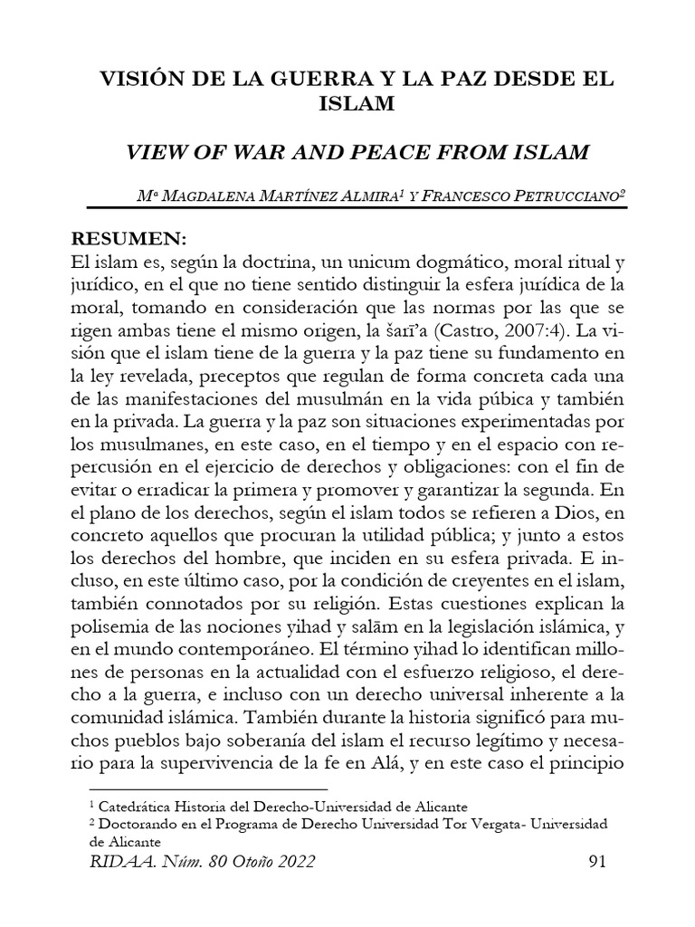 VISIÓN DE LA GUERRA Y LA PAZ DESDE EL ISLAM Martinez-Almira - Petrucciano - 2022 - RIDAA | PDF ...