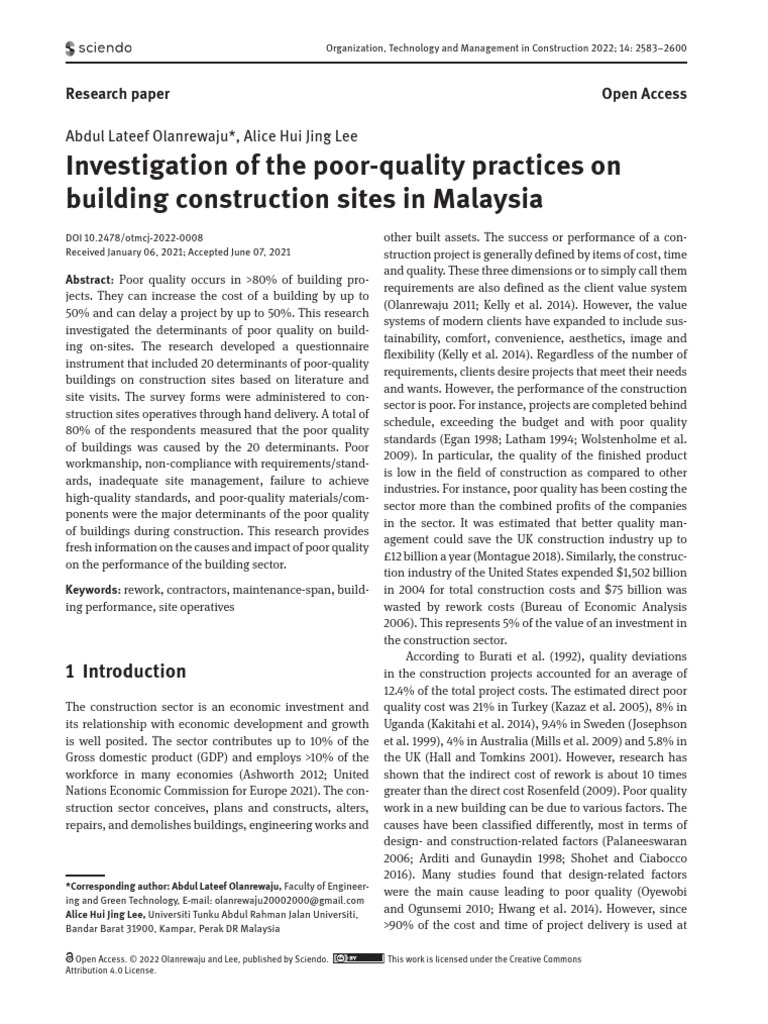 Causes of Poor Quality in Malaysian Construction | PDF | Sampling ...