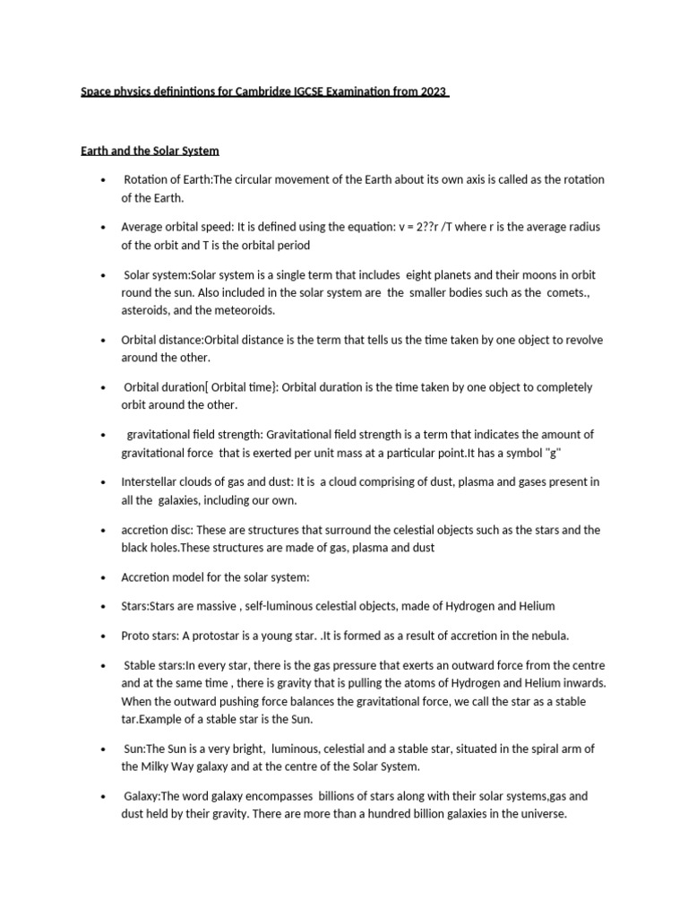 Cambridge IGCSE Space Physics Terms | PDF | Stars | Solar System
