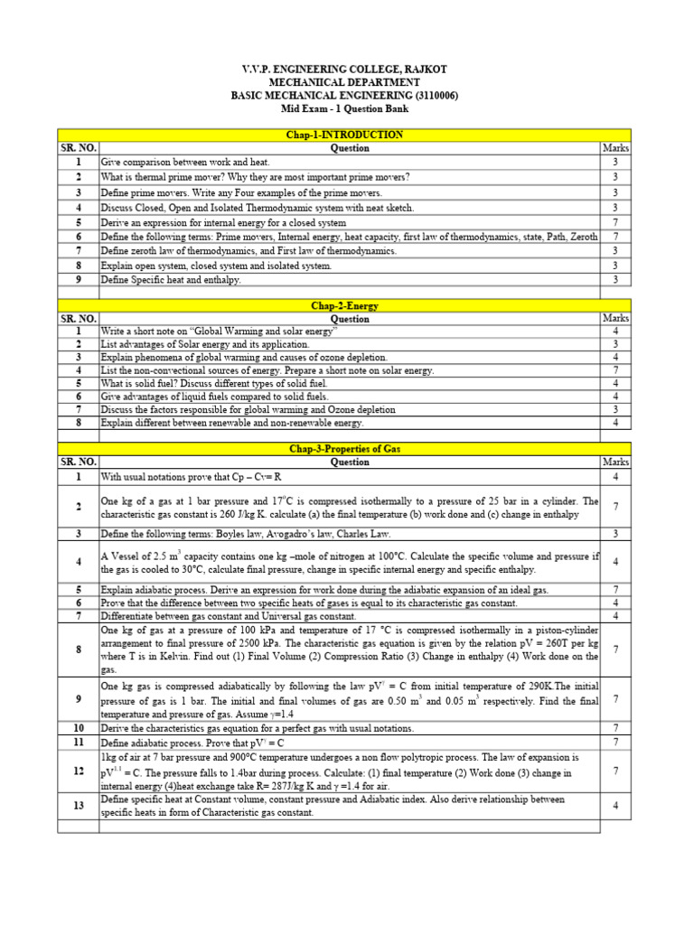 BME MID 1 Question Bank - 240916 - 113737 | PDF | Gases | Enthalpy