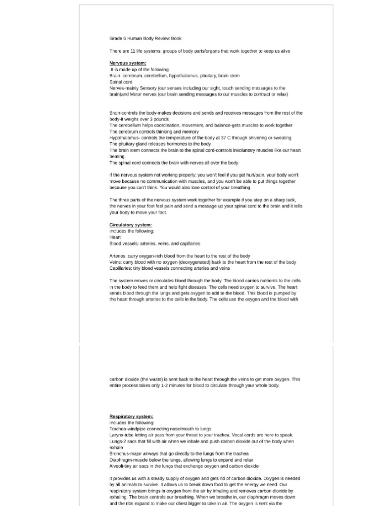Grade 5 Human Body Review Book | PDF