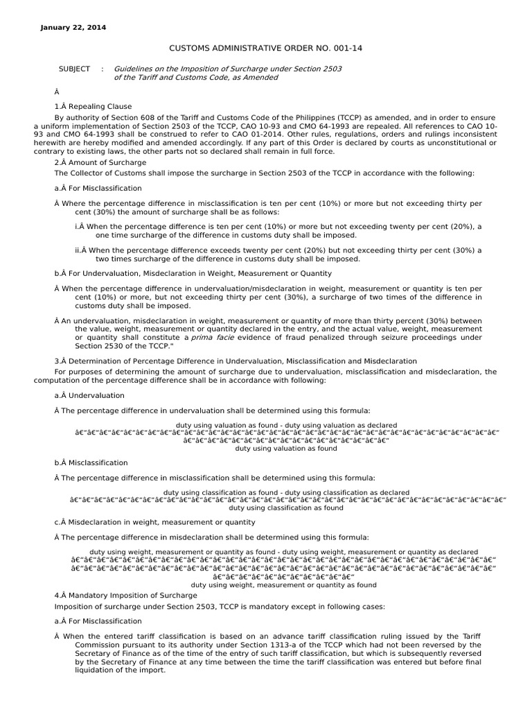 Customs Surcharge Guidelines 2014 | PDF | Customs | Tariff