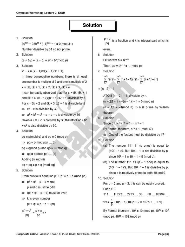 Olympiad Workshop - Lecture-3 - IOQM - (Sol.) | PDF | Number Theory ...