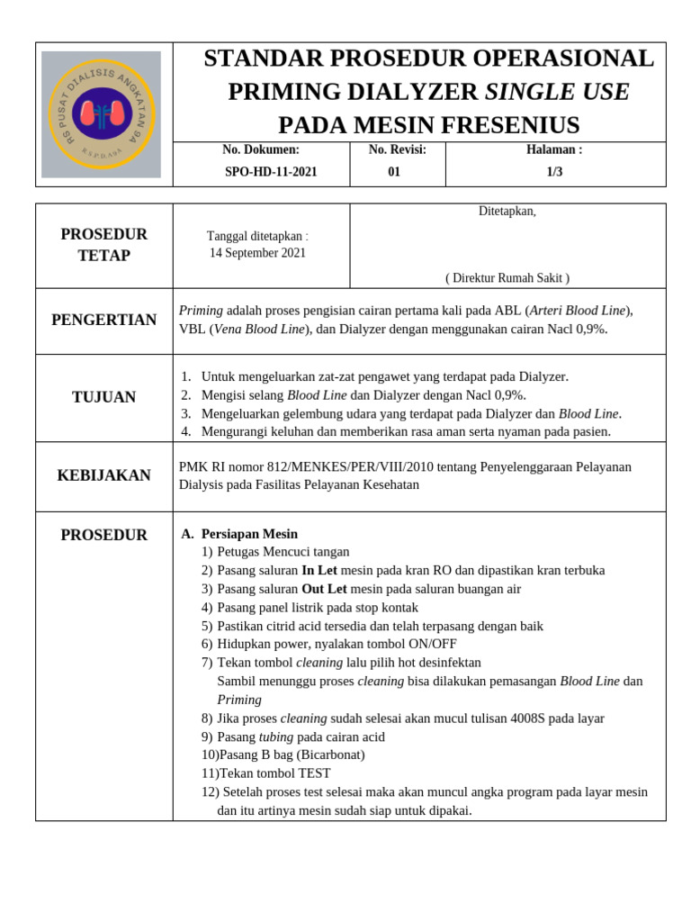 Revisi - Sop Priming Mesin Fresenius Angakatan 9 | PDF | Teknologi & Rekayasa