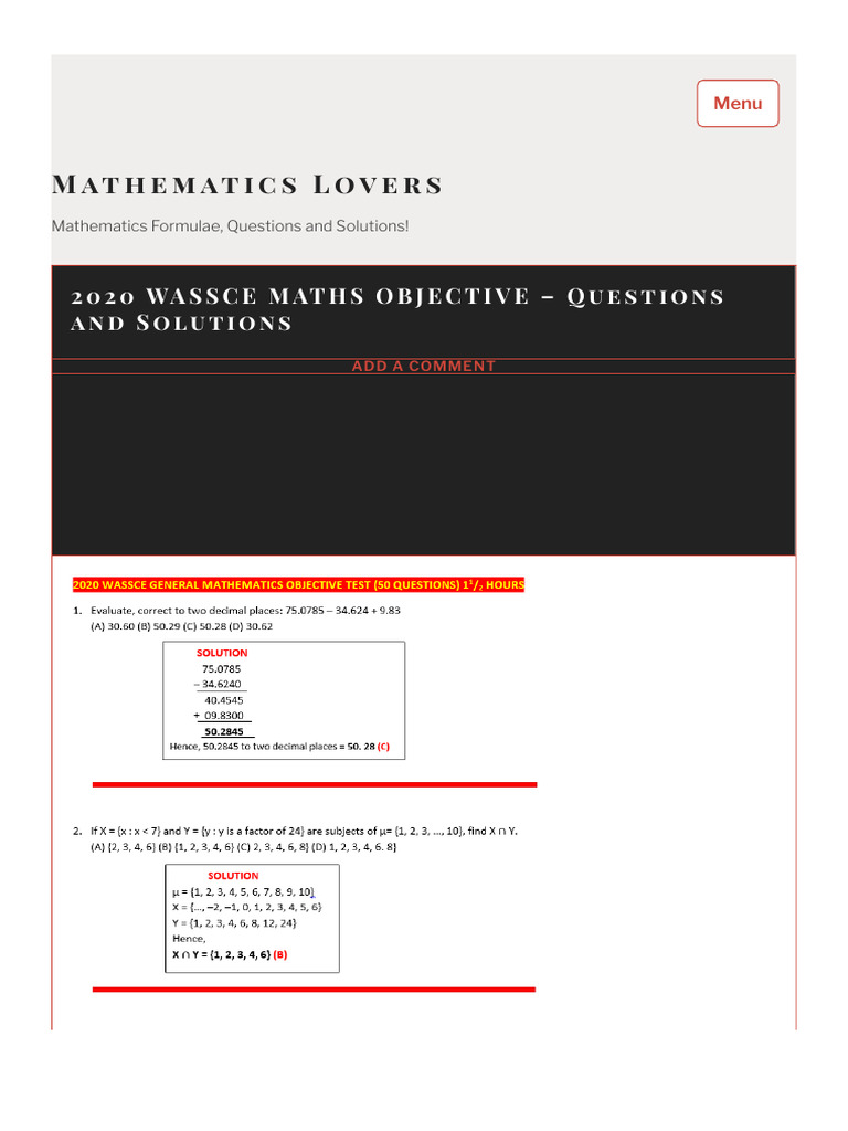 2020 WASSCE MATHS OBJECTIVE - Questions and Solutions - Mathematics Lovers | PDF | Mathematics
