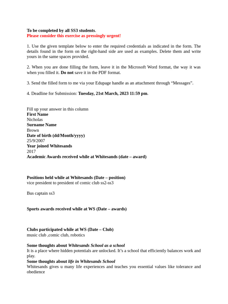 SS3 Student Form Submission Guide | PDF