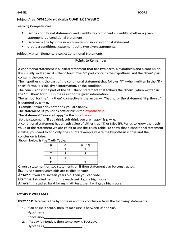 PRECAL Q1 WEEK 2 SPM 10 | PDF | Logic | Mathematics