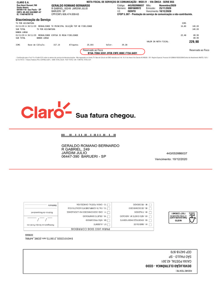 Nota Fiscal Claro: Serviços Nov/2020 | PDF | Bancos | Serviços financeiros