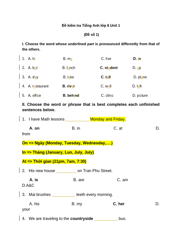 English Test for Grade 6 Unit 1 | PDF | Vietnam | Hue